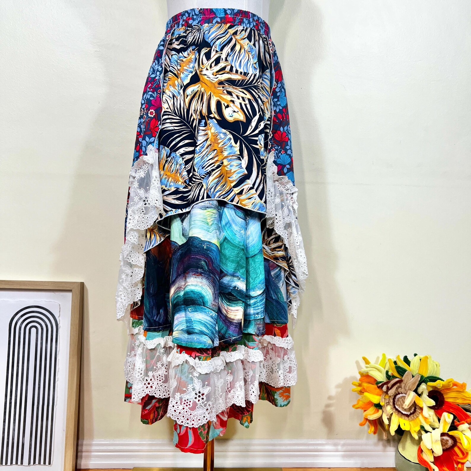 Handmade Boho Patchwork Maxi Skirt: Upcycled Cotton & Lace Tiered Skirt ...