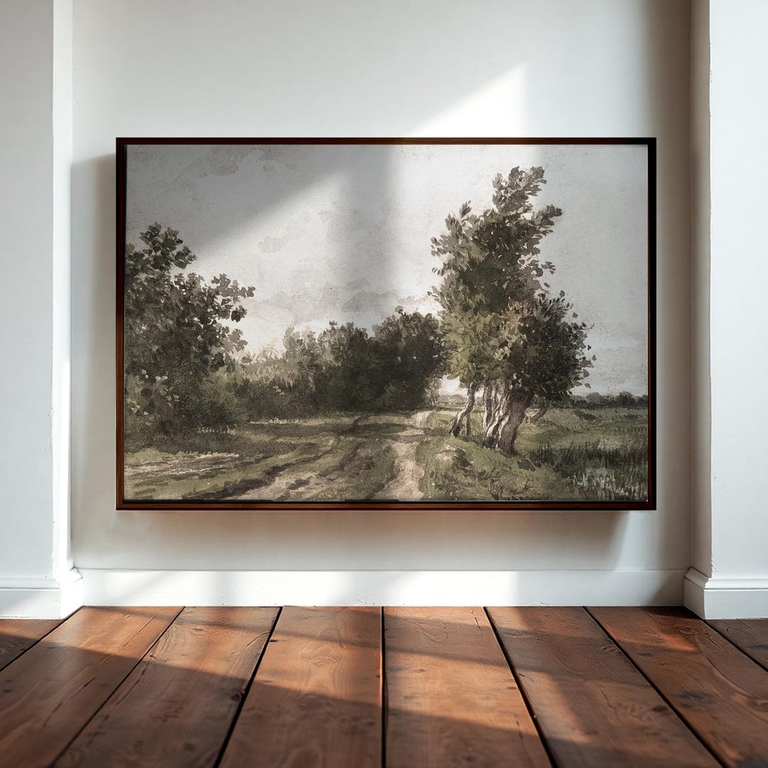 Vintage Framed Country Landscape Painting for Farmhouse Wall Art ...