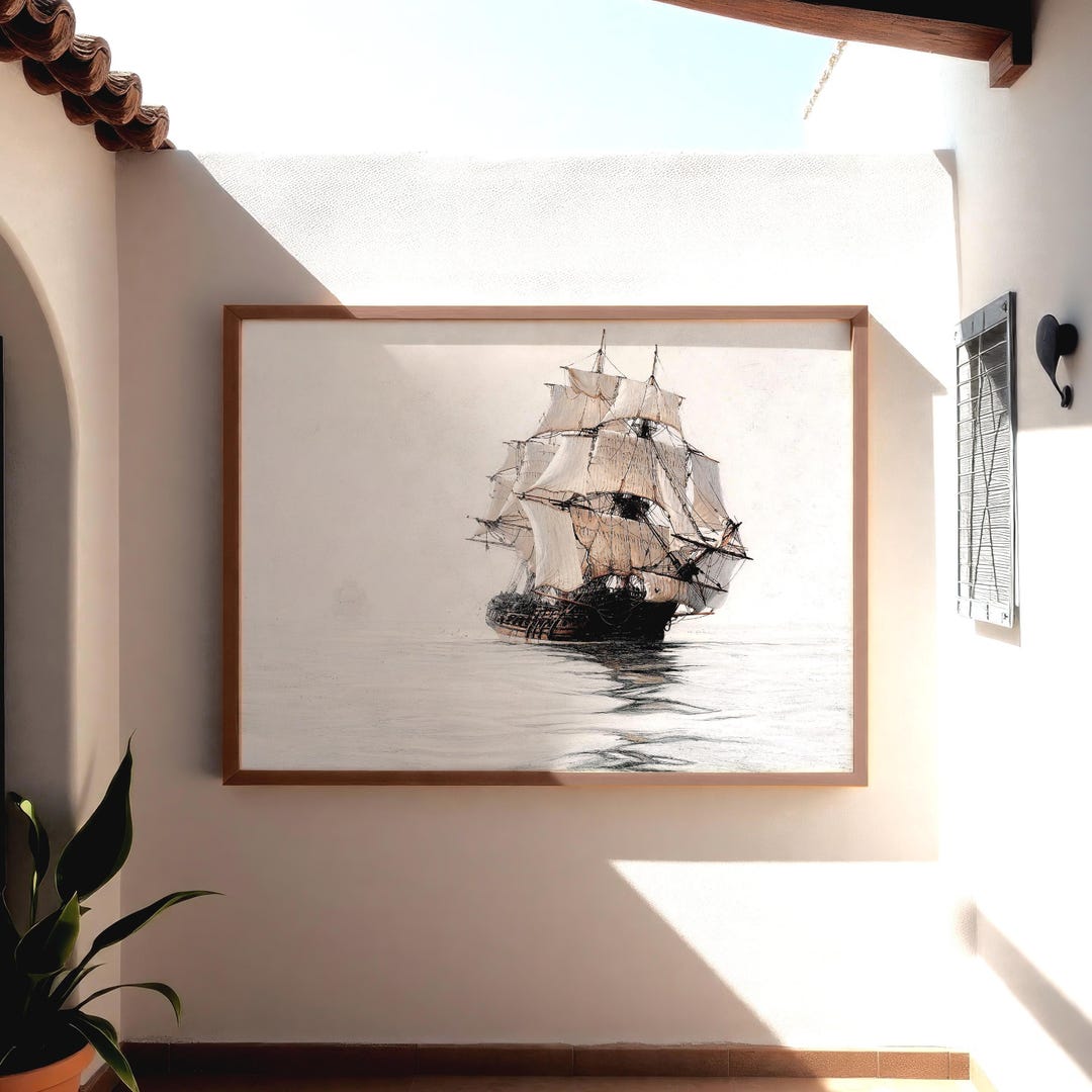 Ship Wall Art, Tranquil Ocean Drawing, Serene Coastal Landscape ...
