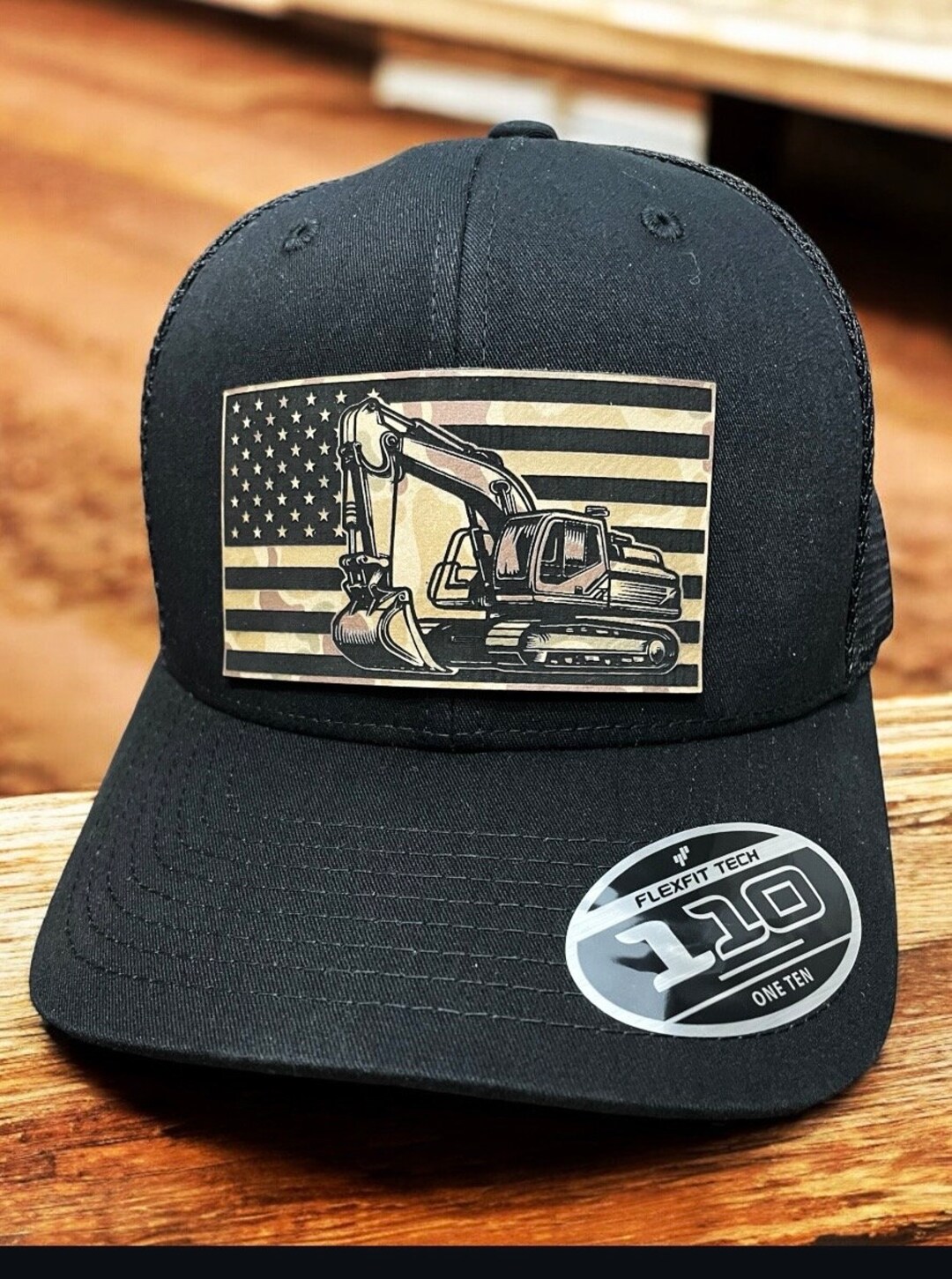 Excavator Flag Patch Hat, Custom Leather Patch Hat, Leatherette ...