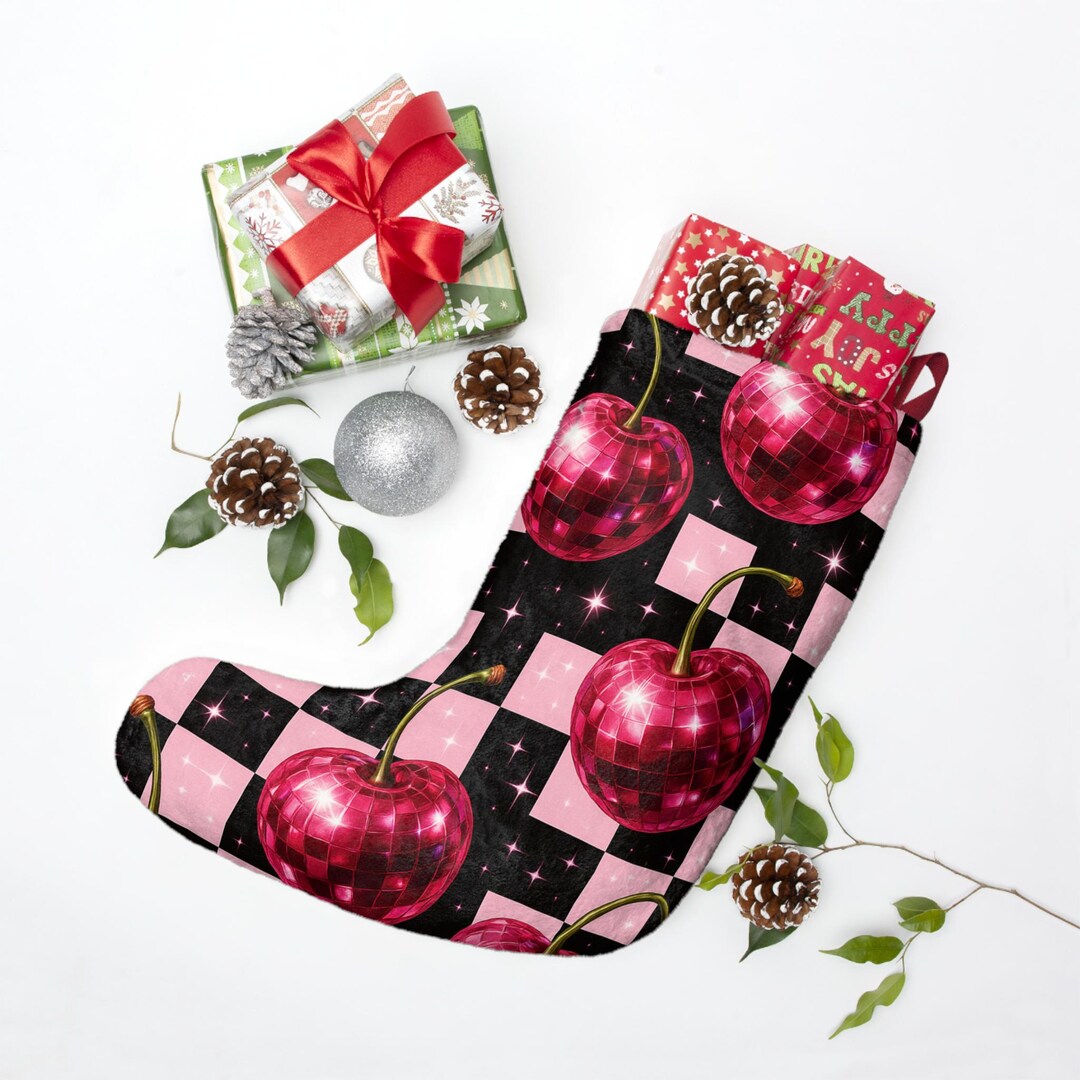 Disco Cherry Checker Christmas Stocking | Pink Black Holiday Stocking ...