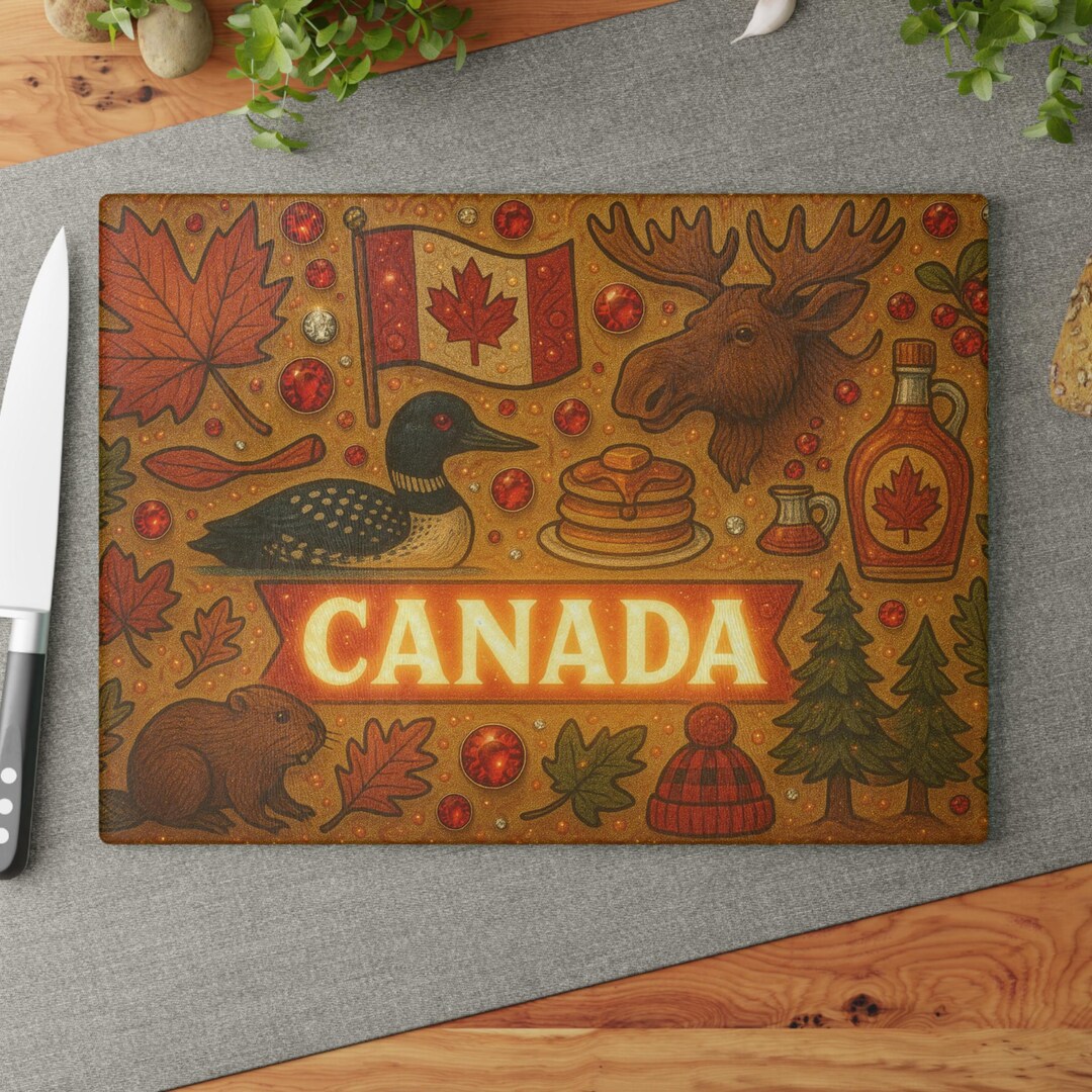 Canada-themed Glass Cutting Board, Rustic Kitchen Decor, Unique Gift ...