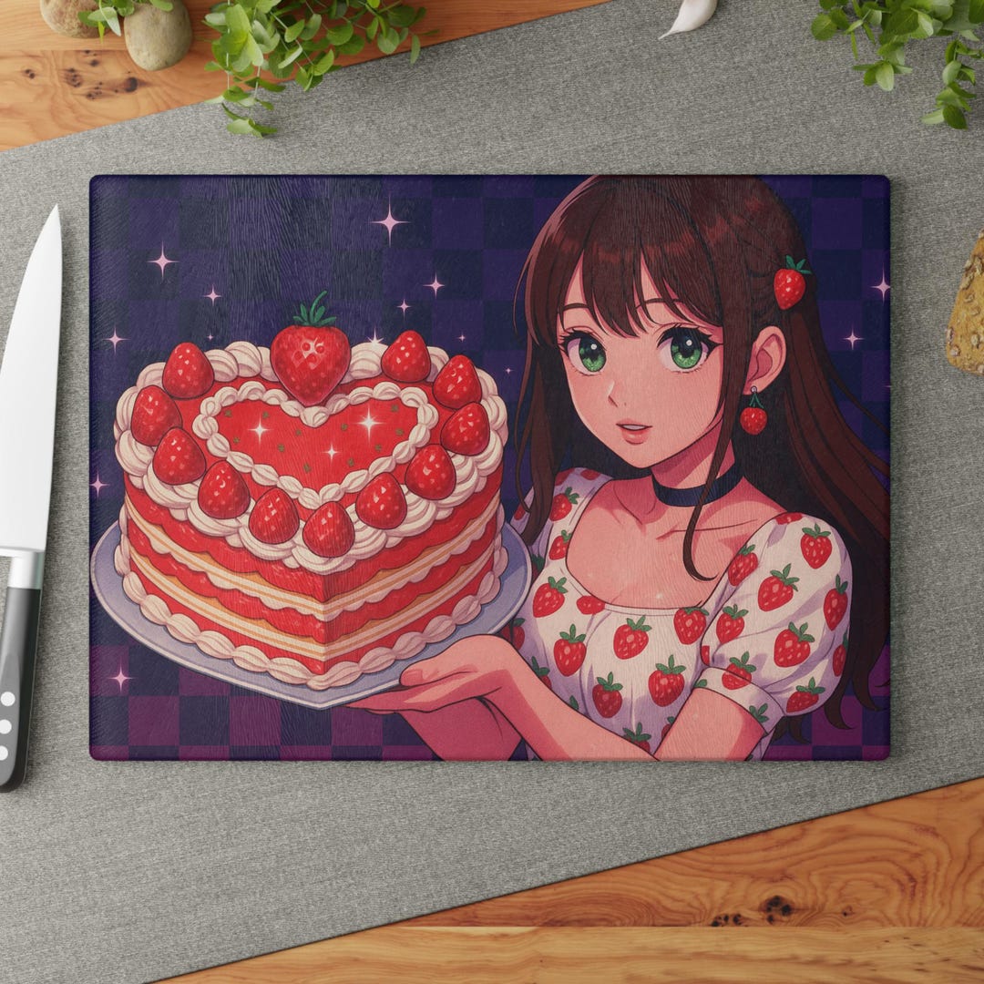 Anime Heart Cake Glass Cutting Board, Cute Kitchen Decor, Gift for ...
