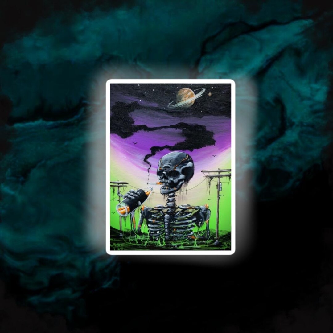 Sticker Trippy Skeleton Drinking Smoking W/ Space Themed Background ...