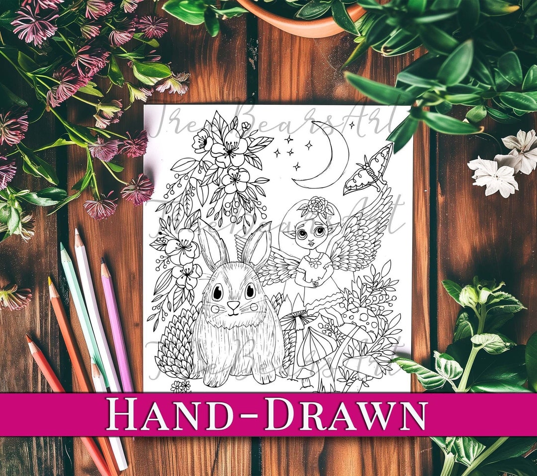 Mia the Moon Fairy & Rory Rabbit - HAND-DRAWN Coloring Page for Adults ...