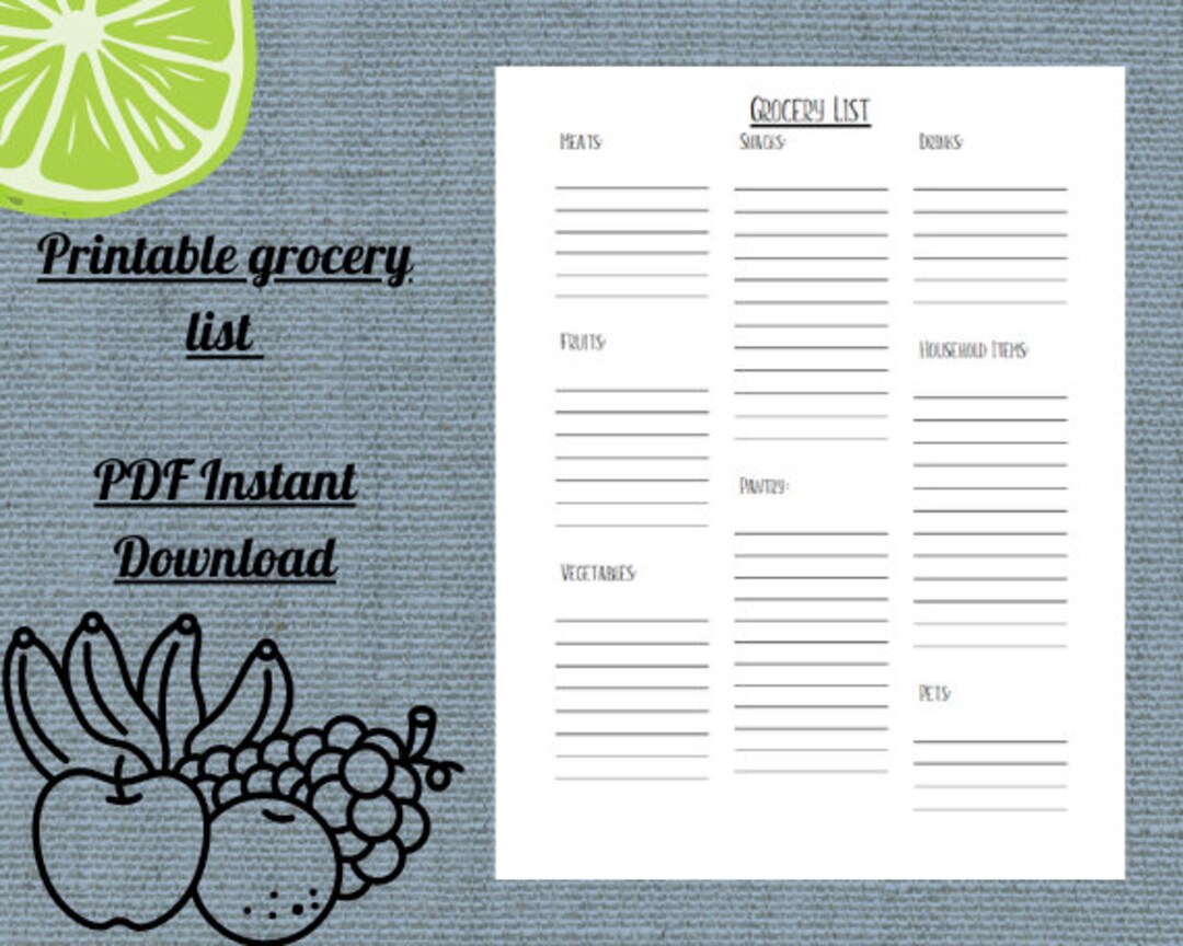 Grocery List PDF Download Simple Meal Prep Organization Shopping List ...