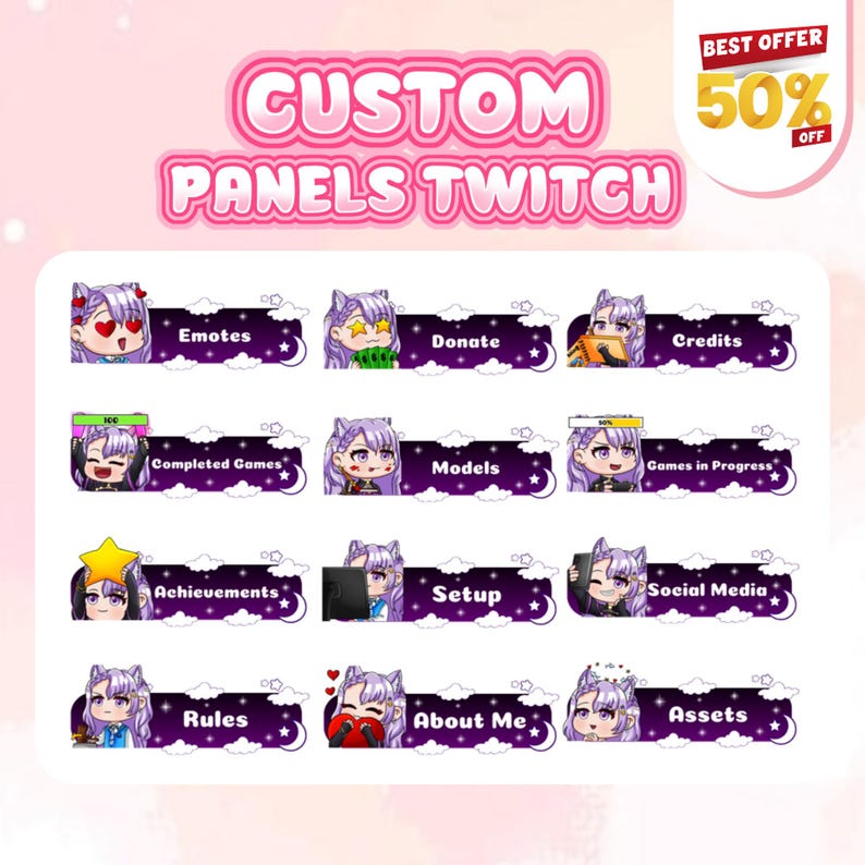 Custom Chibi Twitch Panels | Cute Stream Panels (PNG & PSD) - Etsy