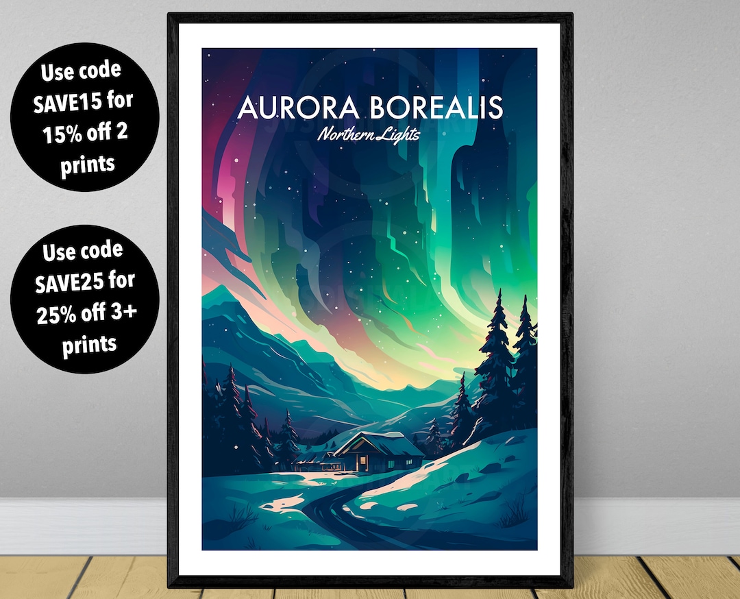 Aurora Borealis Northern Lights Travel Poster Art Print, Northern ...