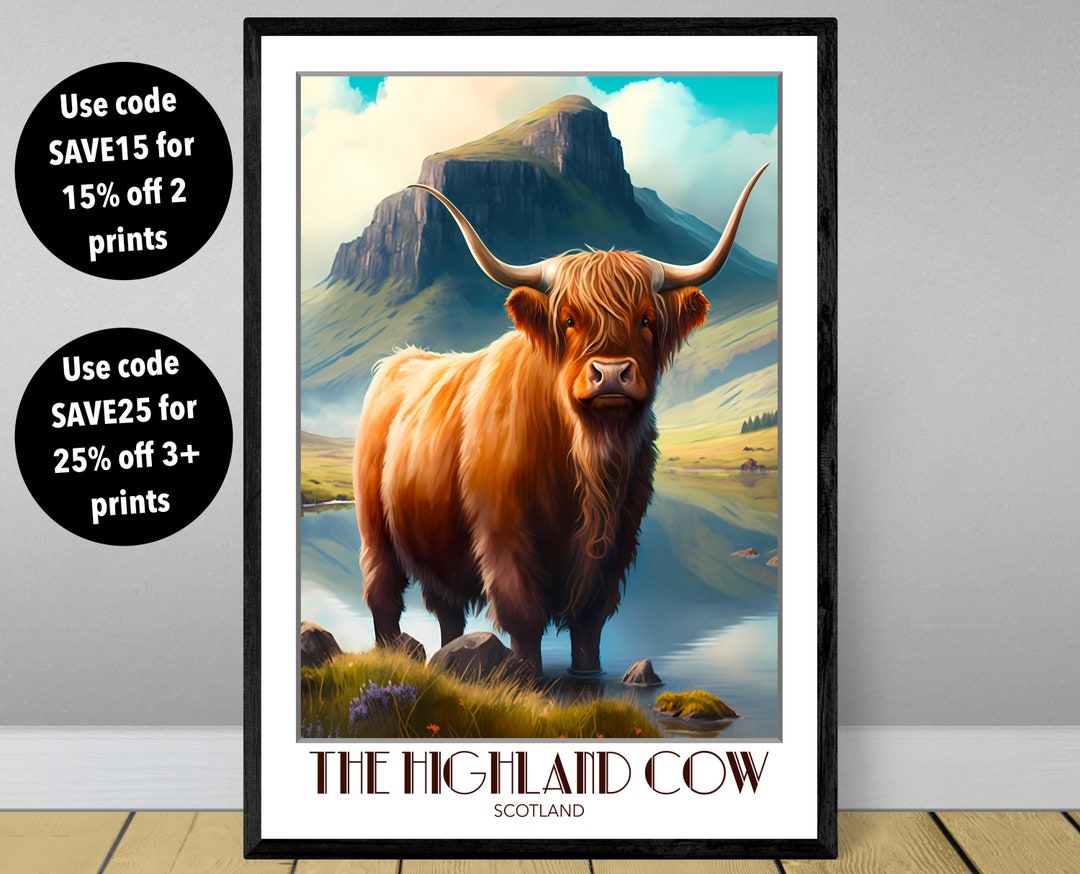 The Highland Cow Scotland Travel Poster Art Print, Scottish Highland ...