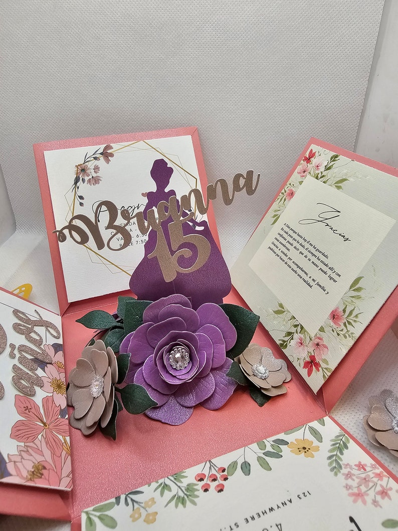 Customizable Quinceañera Invitations. Explosion Box in Pink, Floral ...