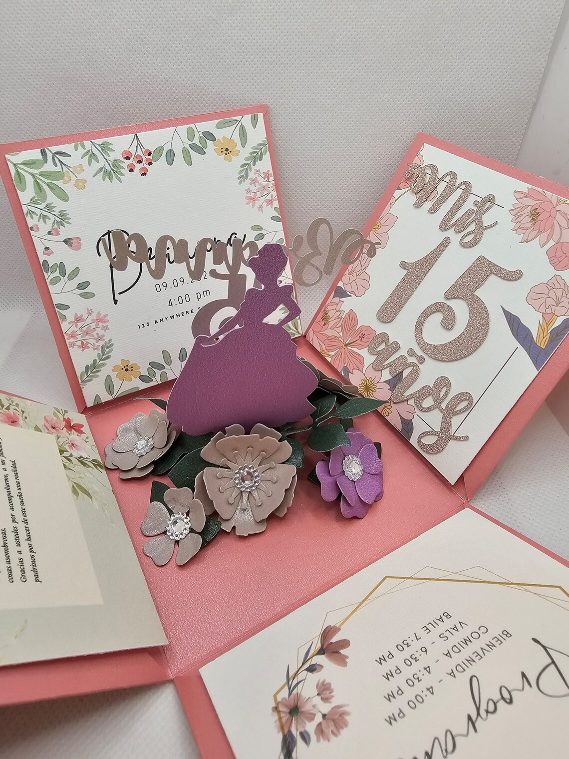 Customizable Quinceañera Invitations. Explosion Box in Pink, Floral ...