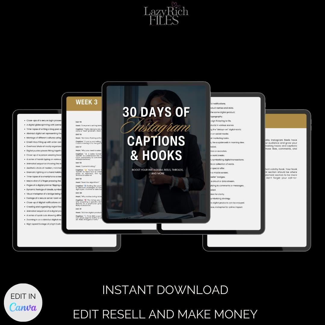 30 Days of Instagram Captions + Hooks MRR +PLR Rights Included ...