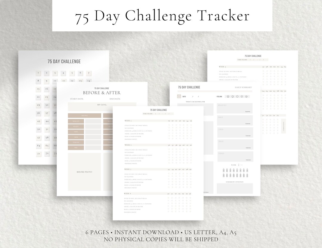 Minimalist 75 Day Challenge Tracker, 75 Day Fitness Digital Printable ...