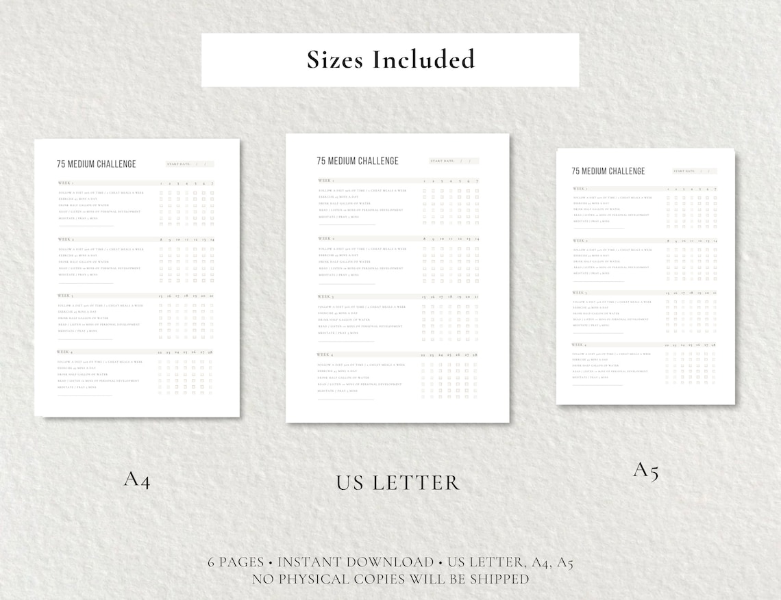 Minimalist 75 Medium Challenge Tracker, 75 Medium Printable, 75 Medium ...