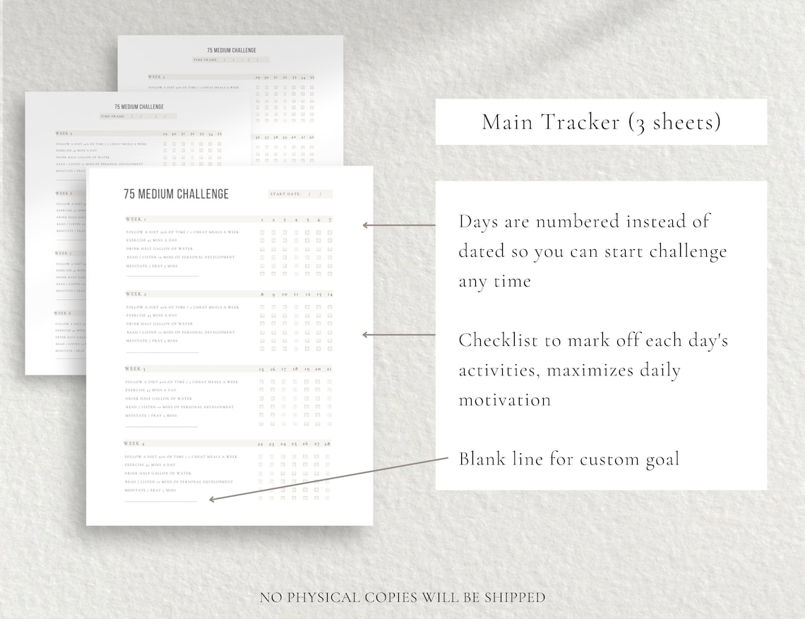 Minimalist 75 Medium Challenge Tracker, 75 Medium Printable, 75 Medium ...