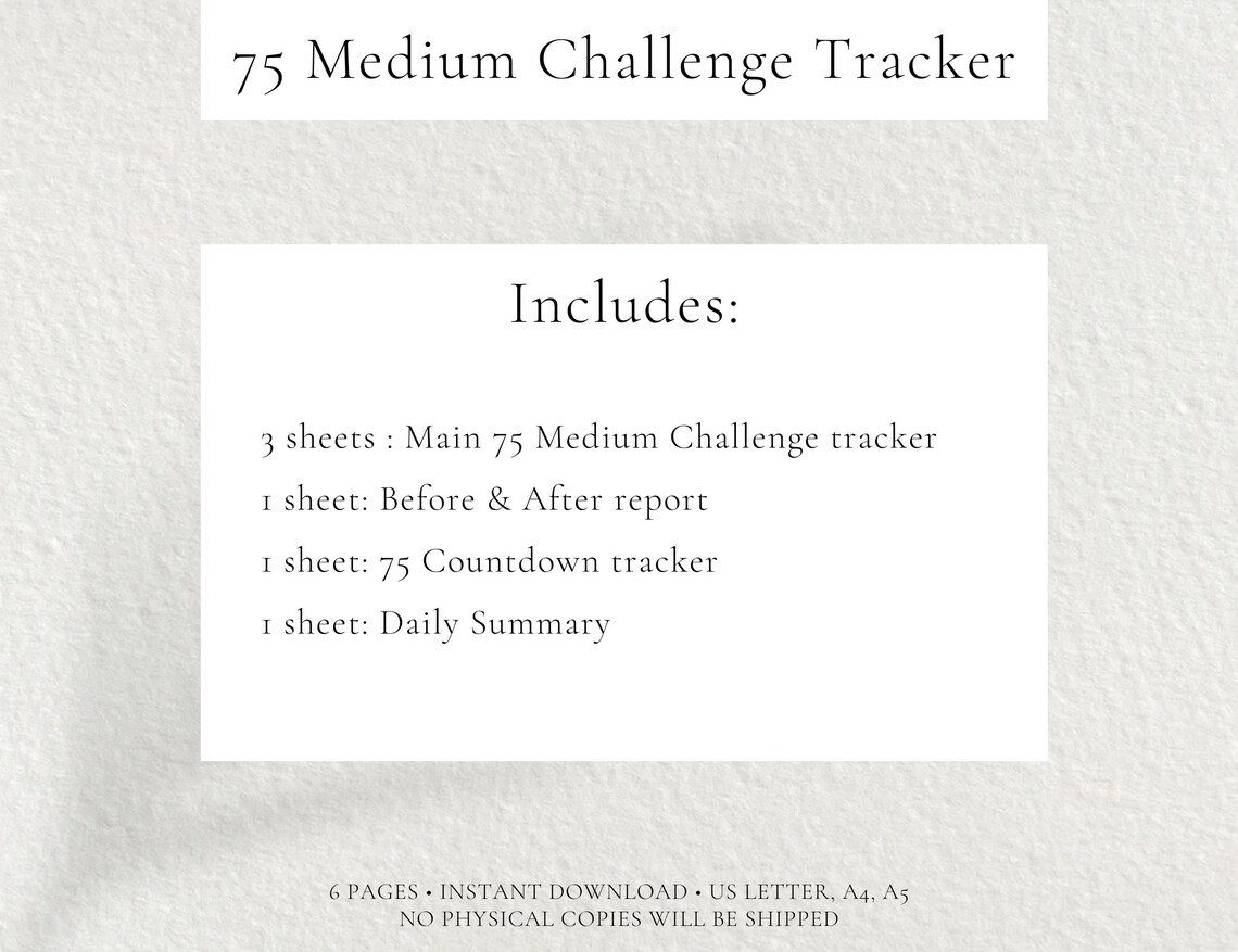 Minimalist 75 Medium Challenge Tracker, 75 Medium Printable, 75 Medium ...