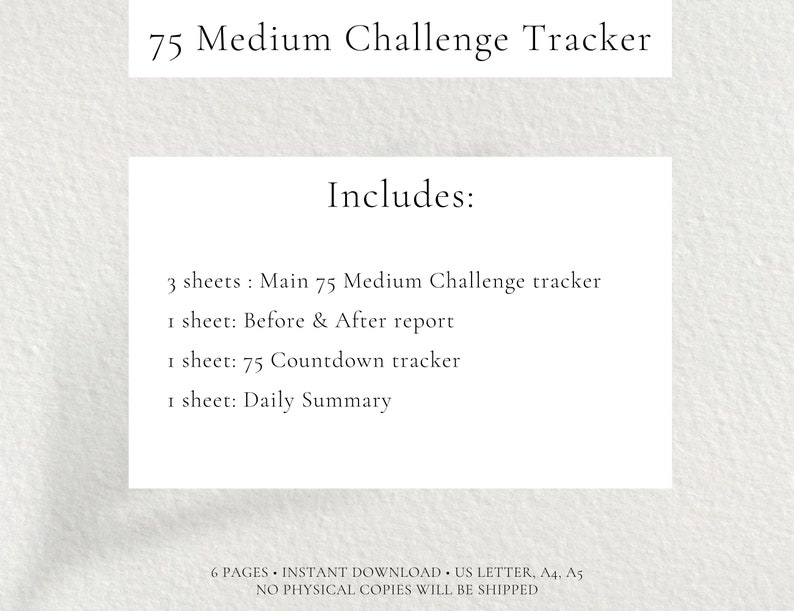 Minimalist 75 Medium Challenge Tracker, 75 Medium Printable, 75 Medium ...
