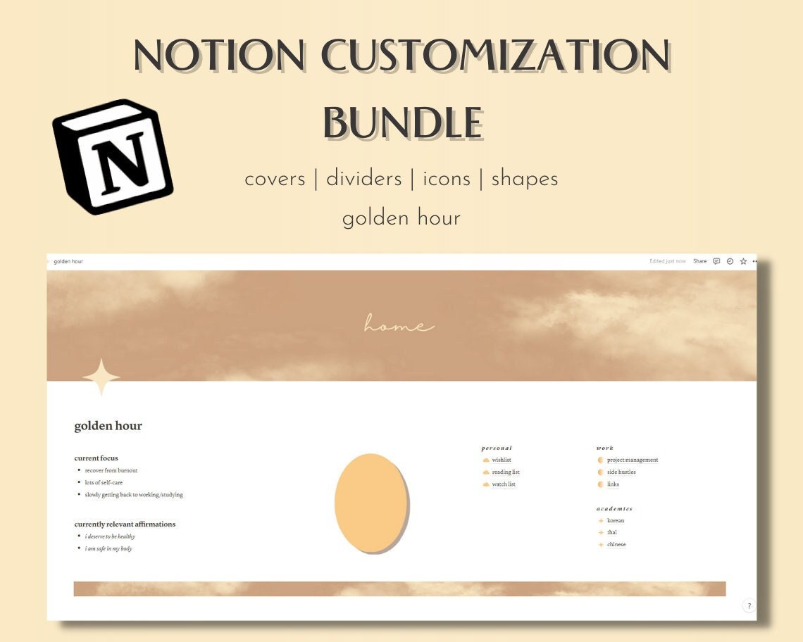 Notion Customization Bundle Notion Icons, Notion Covers, Notion Dividers, Notion Shapes Golden ...