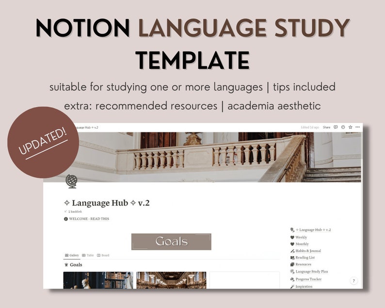 Language Study Notion Template Light Academia, Language Learning Notion Template, Notion ...