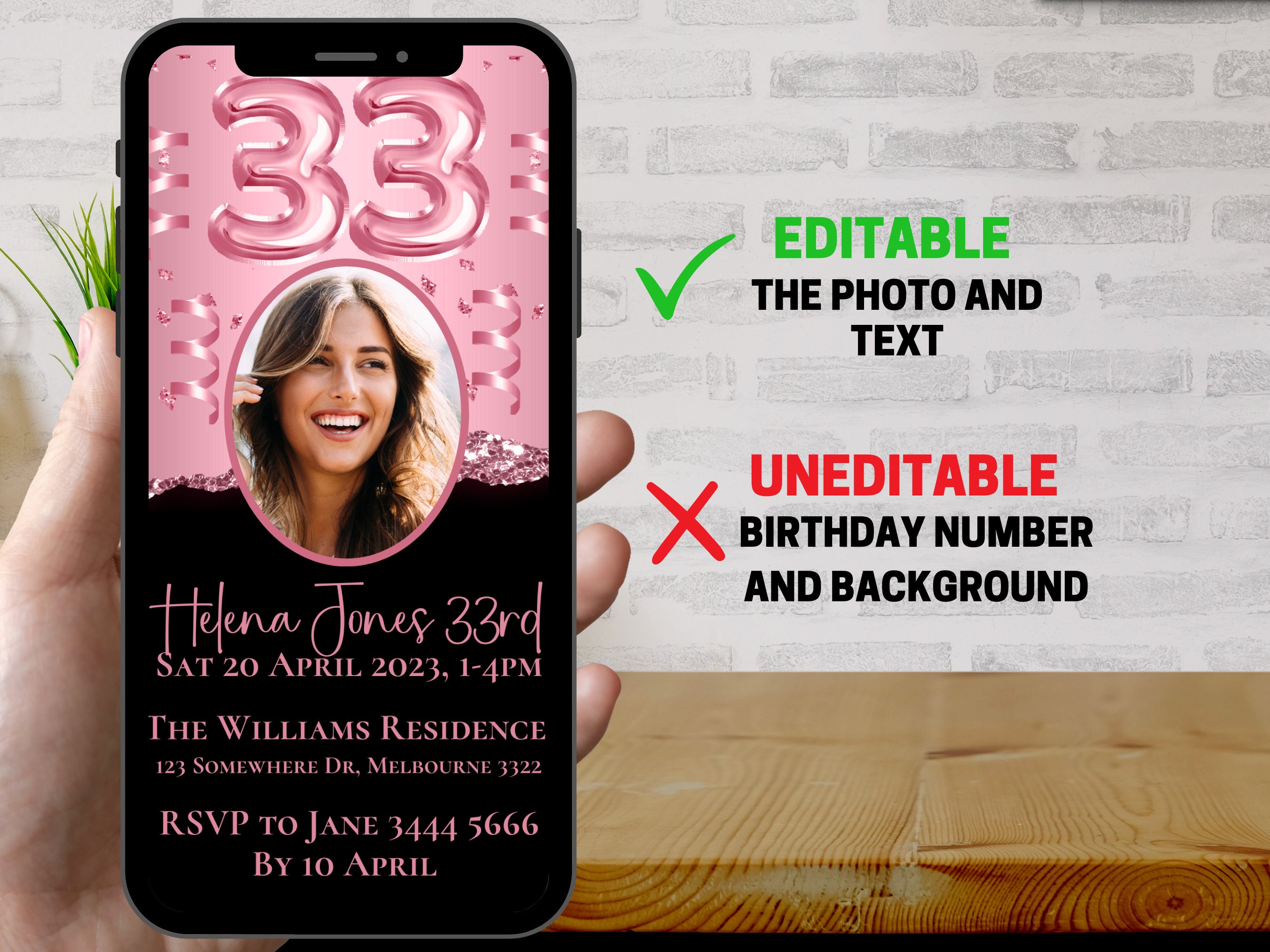 Editable 33rd Birthday Invitation With Photo Digital Evite - Etsy