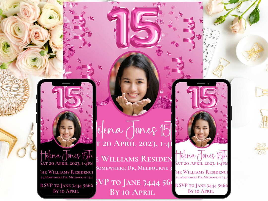 Editable 15th Birthday Invitation With Photo Digital Evite and ...