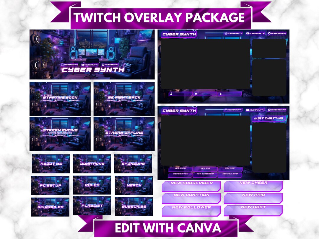 Cozy Cyber Twitch Overlay Package Neon Gamers, Twitch Banner Overlay Scenes Panels and Labels ...