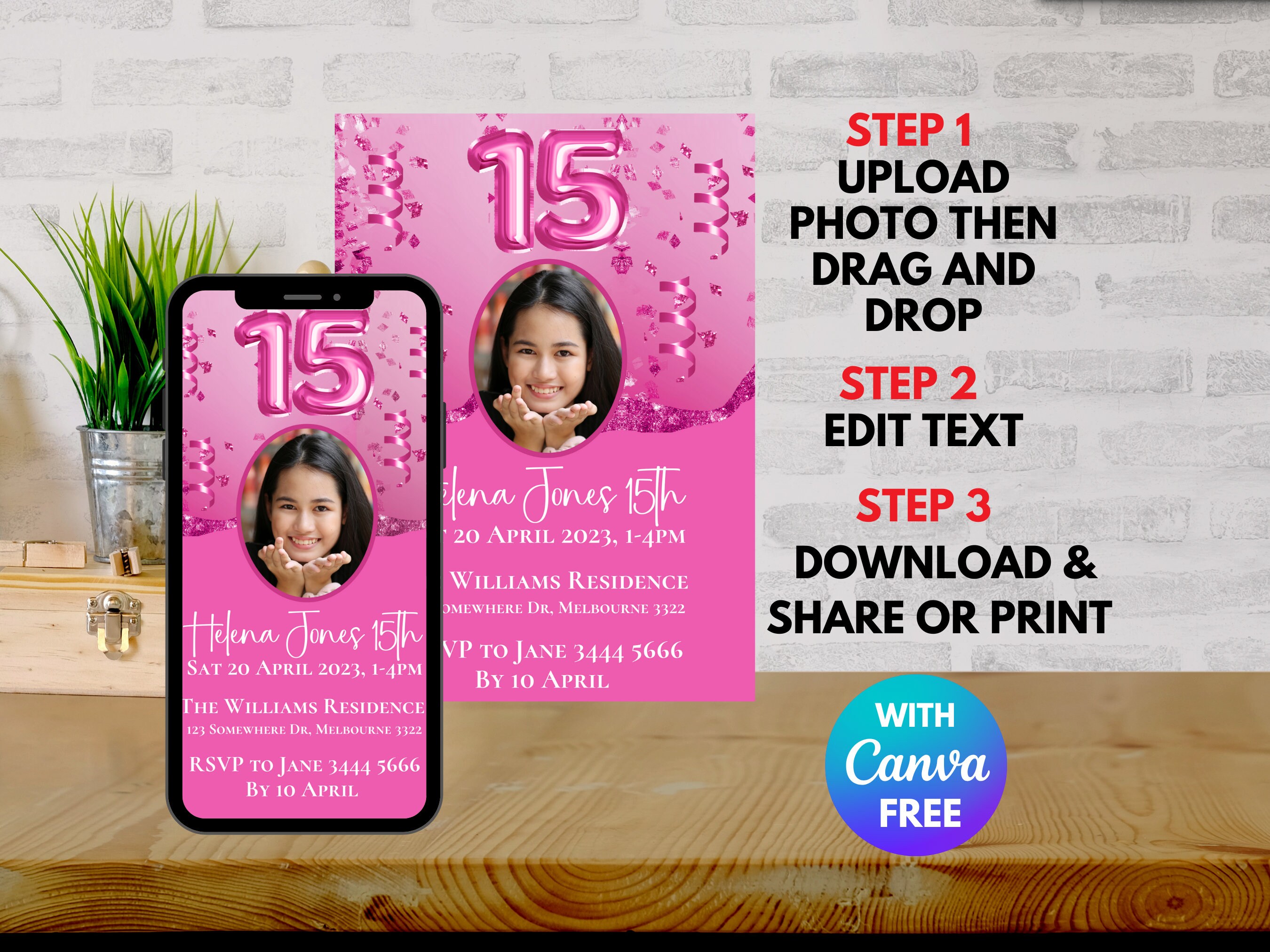 Editable 15th Birthday Invitation With Photo Digital Evite and ...