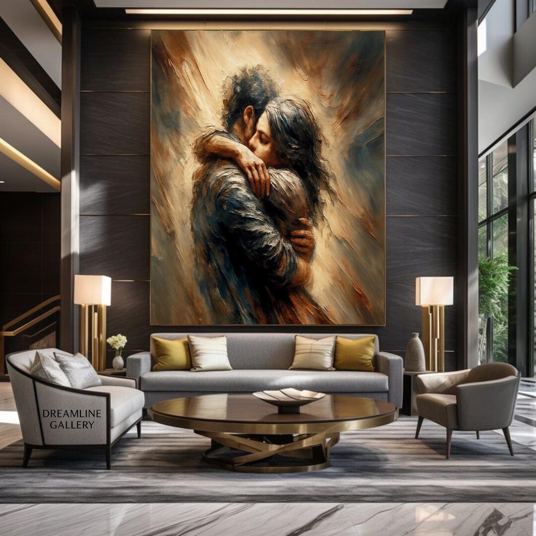 Romantic Couple Embracing Wall Art | Emotional Hug Oil Painting Print ...