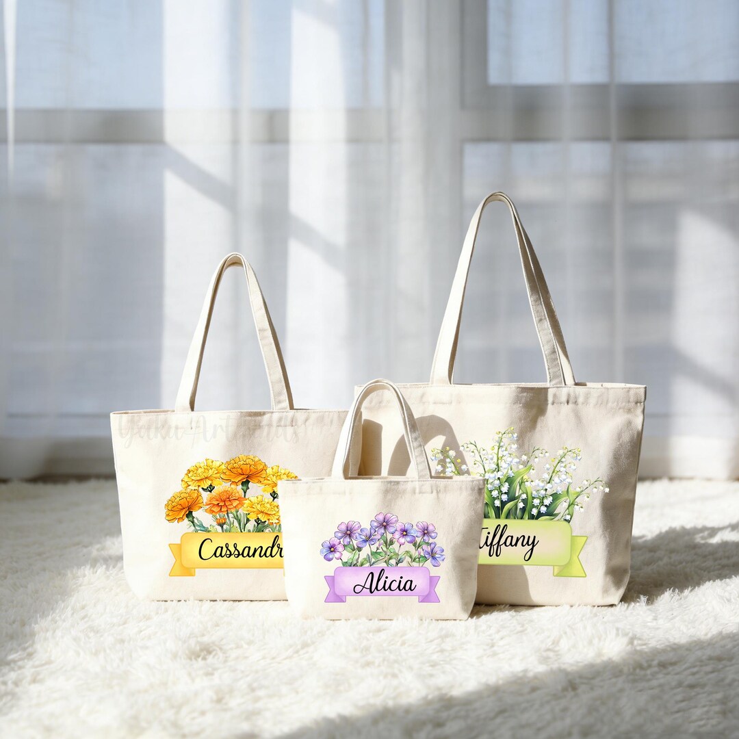 Personalized Birth Month Flower Tote Bags for Women,custom Name Canvas ...