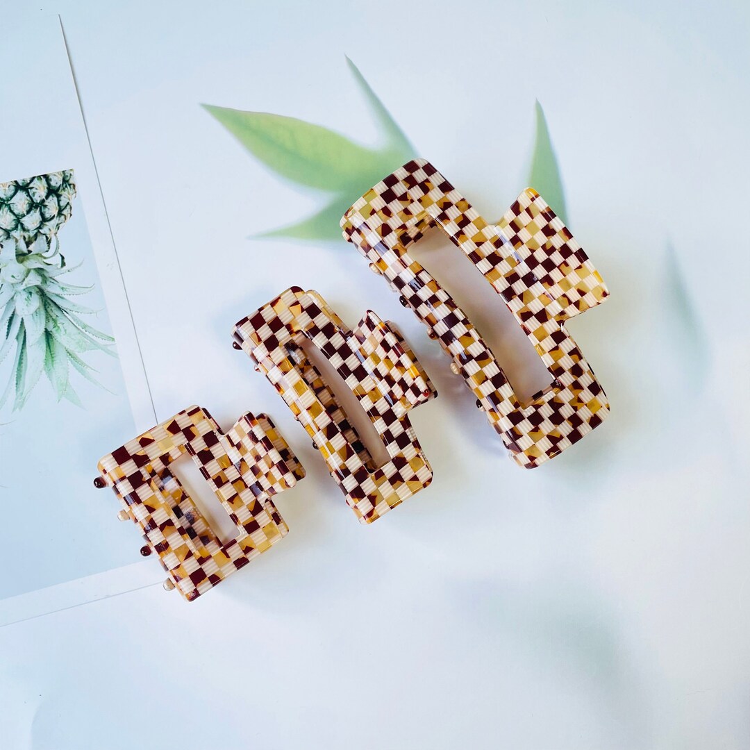 Vintage Brown Plaid Hair Clip for Women, Rectangular Hair Claw, Large ...