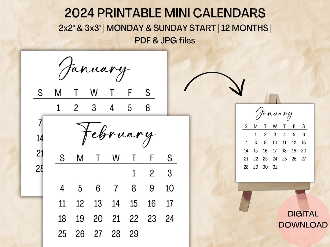 2024 Printable Mini Calendar, Minimalist Desk Calendar, Printable ...