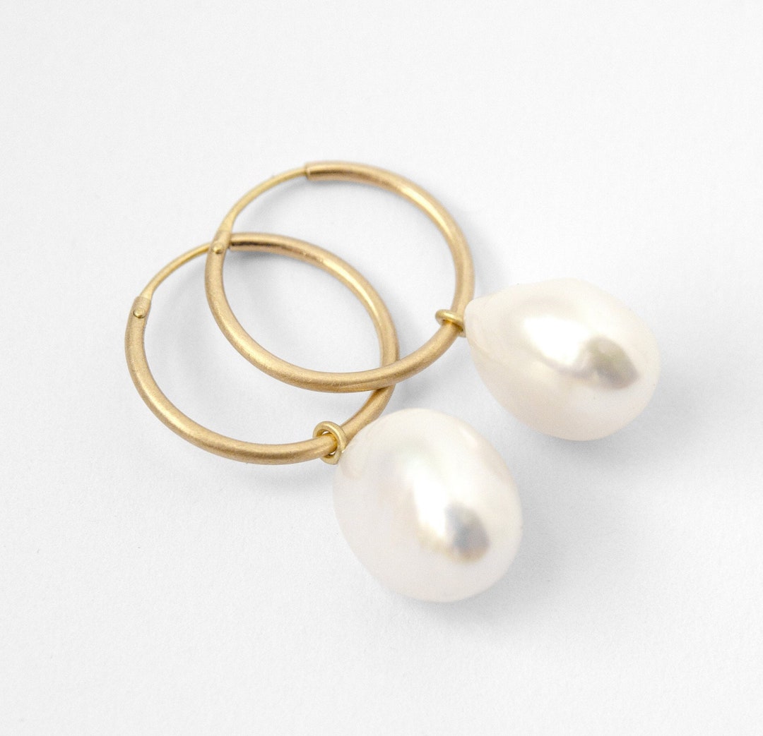 18k Solid Gold Hoop Earrings With Pearl Pendant Charms Baroque Pearl ...