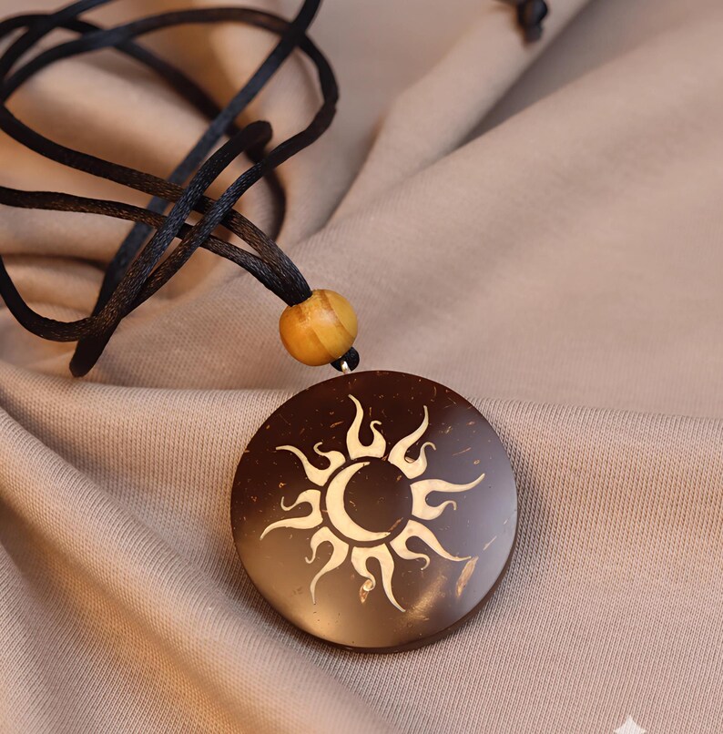 Handmade Coconut Shell Sun Pendant Necklace: Boho Adjustable Cord - Etsy