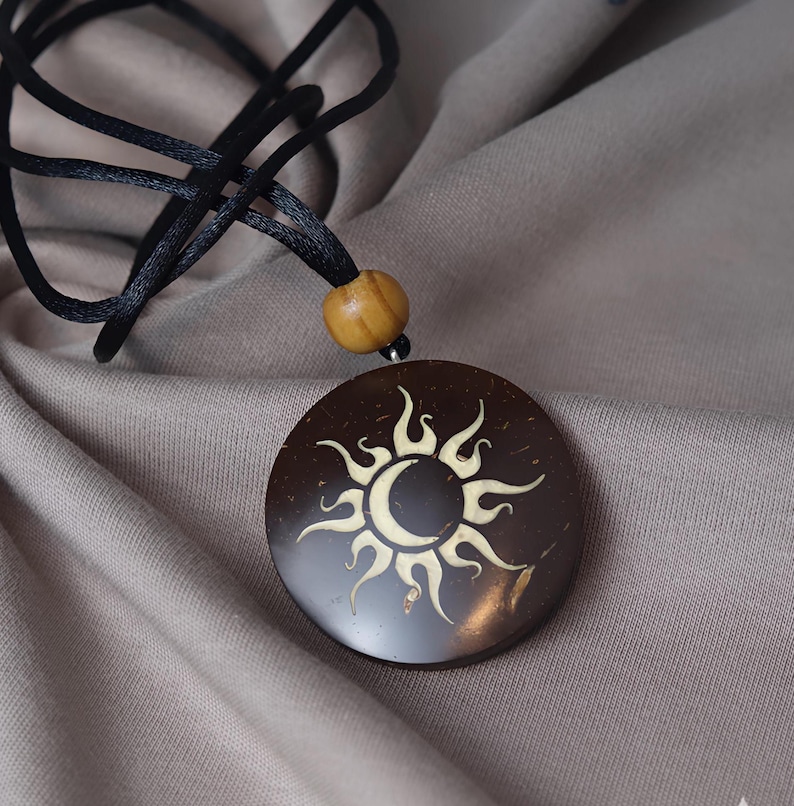 Handmade Coconut Shell Sun Pendant Necklace: Boho Adjustable Cord - Etsy