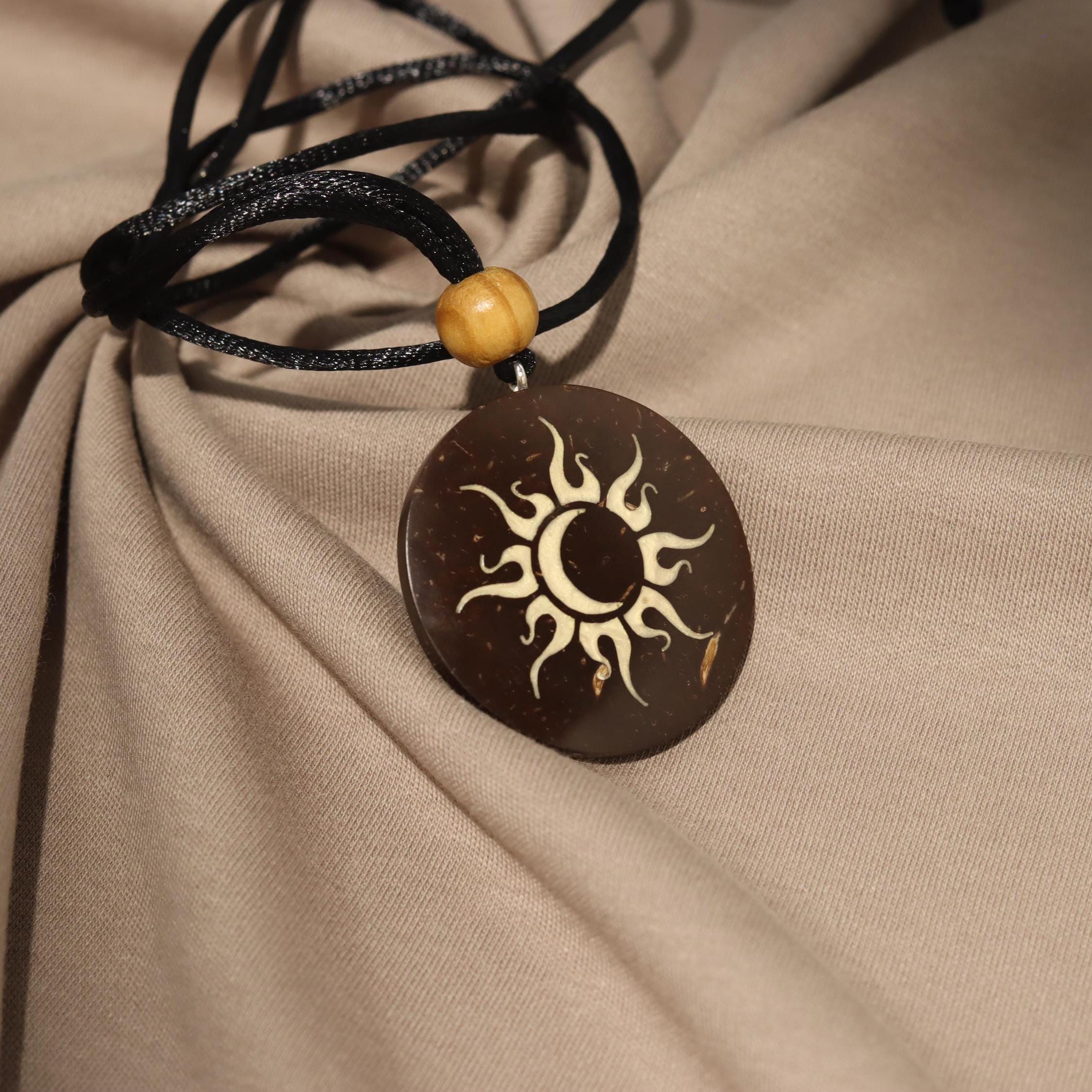 Handmade Coconut Shell Sun Pendant Necklace: Boho Adjustable Cord - Etsy