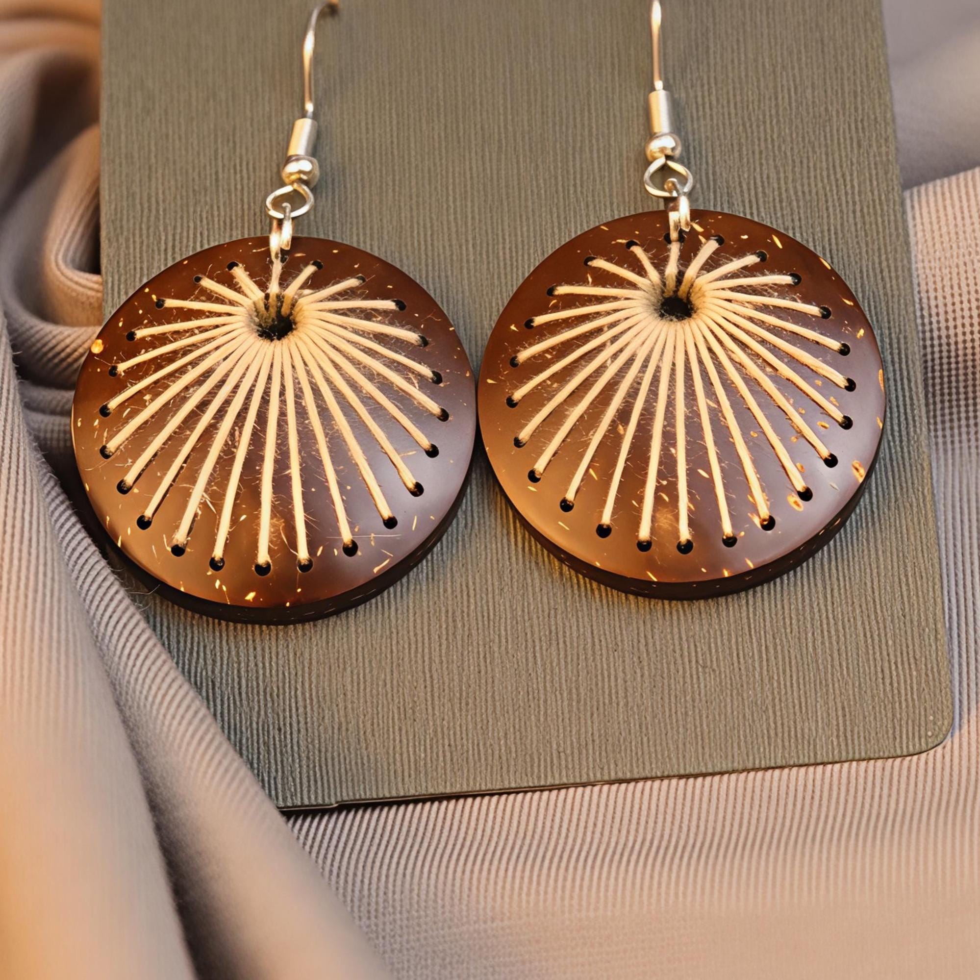 Coconut Shell Sunburst String-art Earrings | Cream Thread on Brown Disc ...