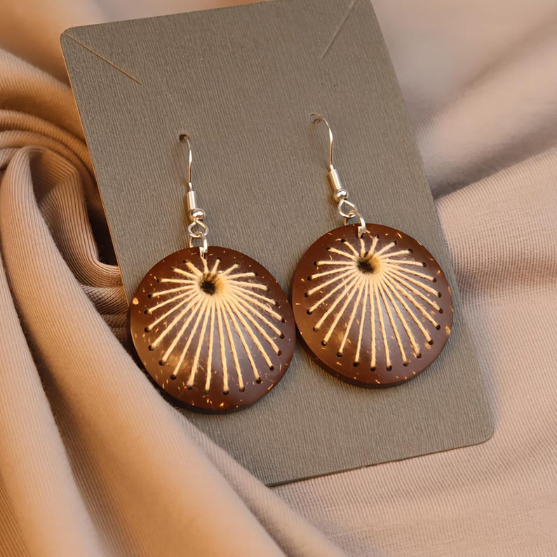 Coconut Shell Sunburst String-art Earrings | Cream Thread on Brown Disc ...