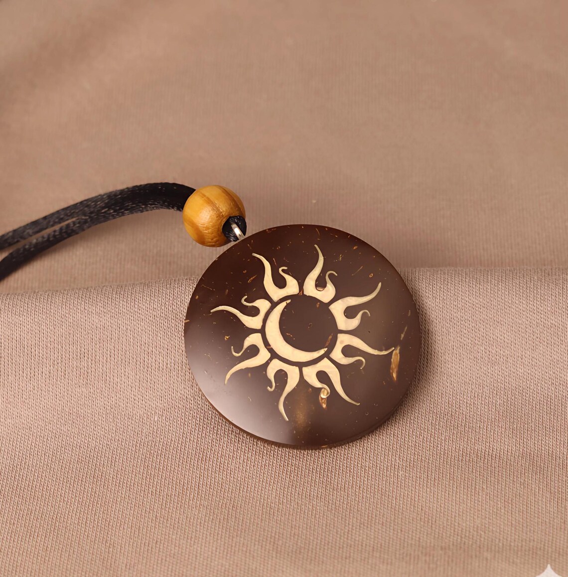Handmade Coconut Shell Sun Pendant Necklace: Boho Adjustable Cord - Etsy