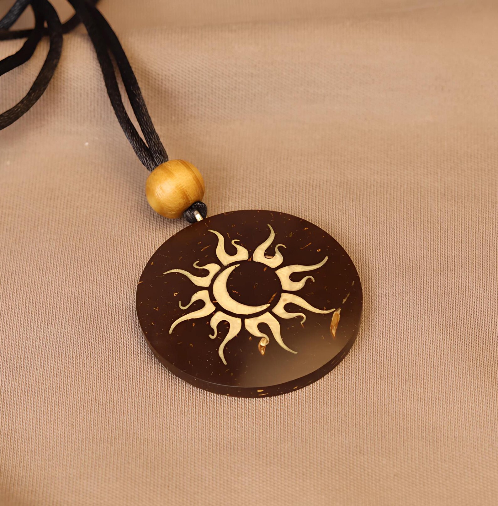 Handmade Coconut Shell Sun Pendant Necklace: Boho Adjustable Cord - Etsy