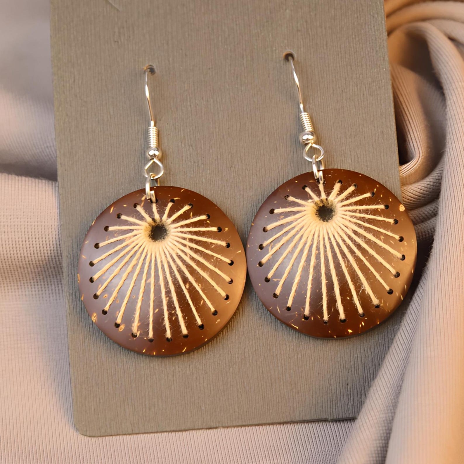 Coconut Shell Sunburst String-art Earrings | Cream Thread on Brown Disc ...