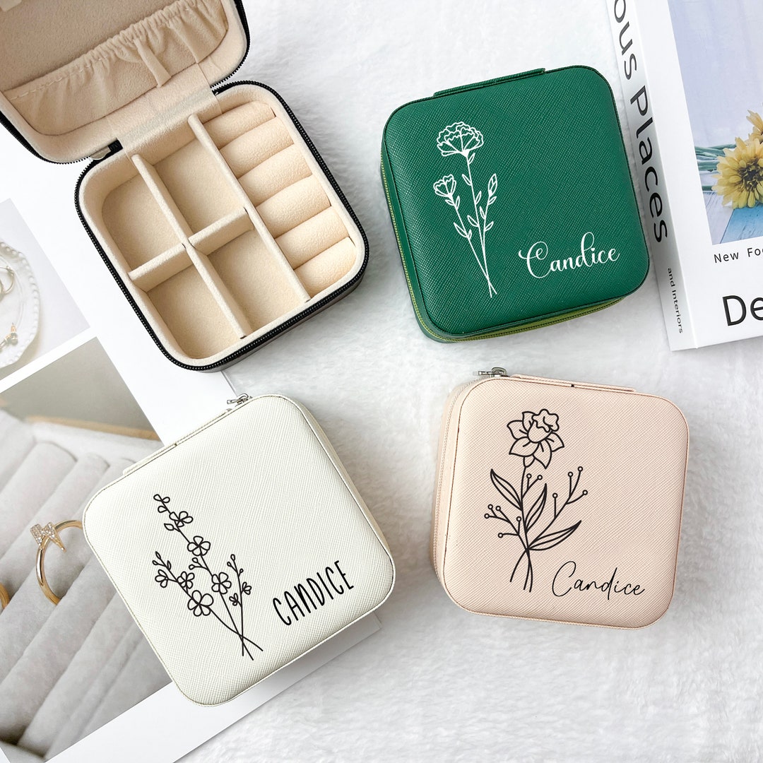 Birth Flower Jewellery Box Engraved Bridesmaid Jewelry Box Custom Name ...