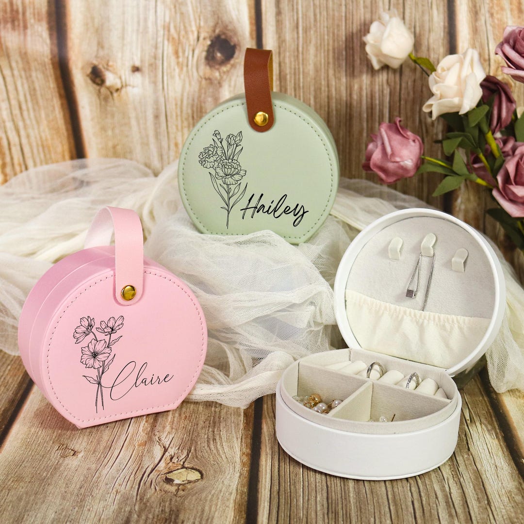 Personalized Name Birth Flower Jewellery Box Engraved Bridesmaid ...