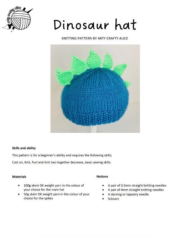 Dinosaur Hat Knitting Pattern/ Premie Tiny Newborn 1 Month 3 Months 1 Year 3 Year Hat DIGITAL ...