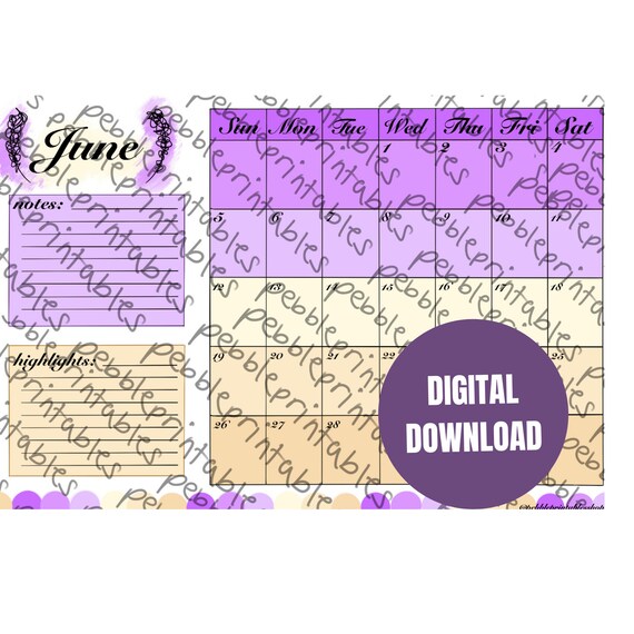 June Month Planner Calendar Printable Digital Download A4 - Etsy