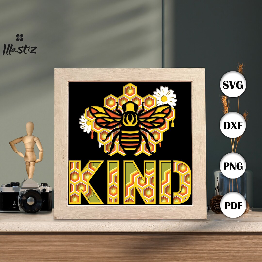 Bee Kind Shadow Box Svg, Bee Paper Cut Light Box, 3D Bee Shadow Box ...