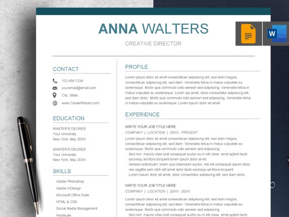 Editable Modern Resume Template Google Docs Resume Cv Template - Etsy