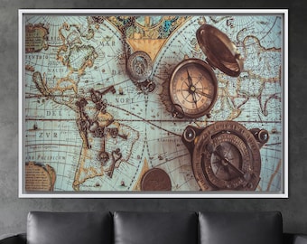Rustic Vintage Compass Map Wall Digital Art - Etsy