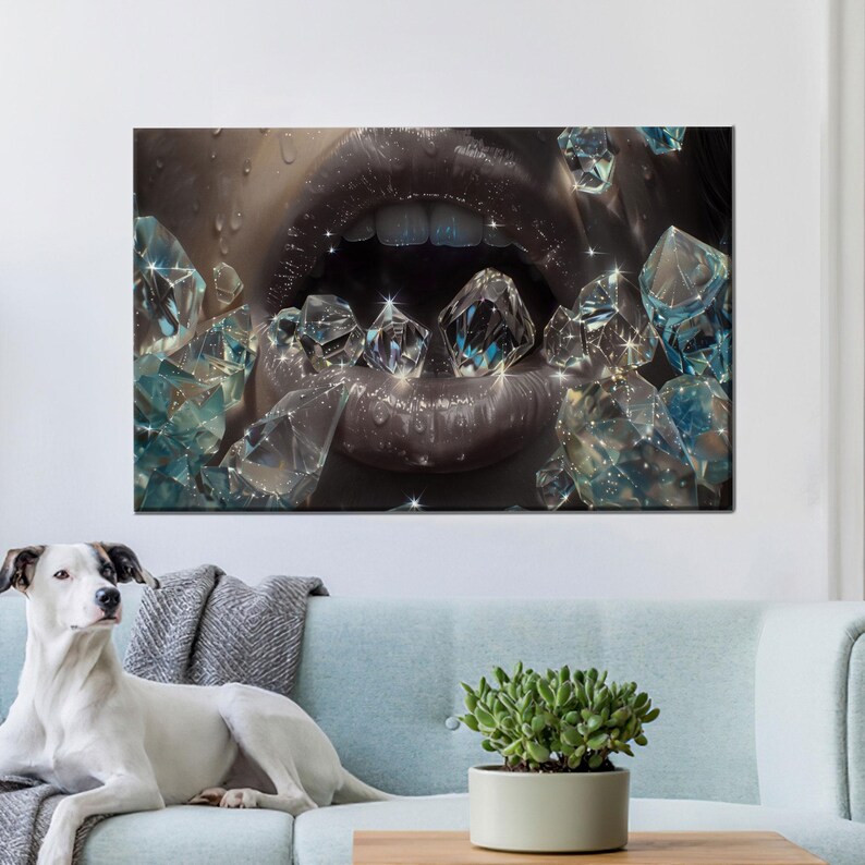 Luxury Diamond Lips Canvas Wall Art, Glamorous Crystal Mouth Poster ...