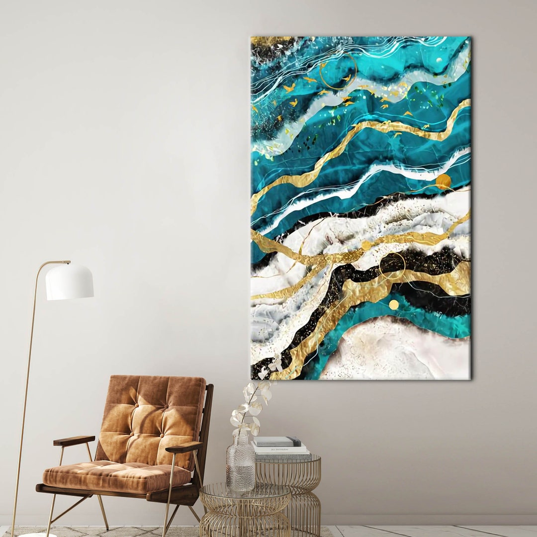 Turquoise Gold Abstract Canvas Art - Modern Cotton Canvas Wall Poster ...