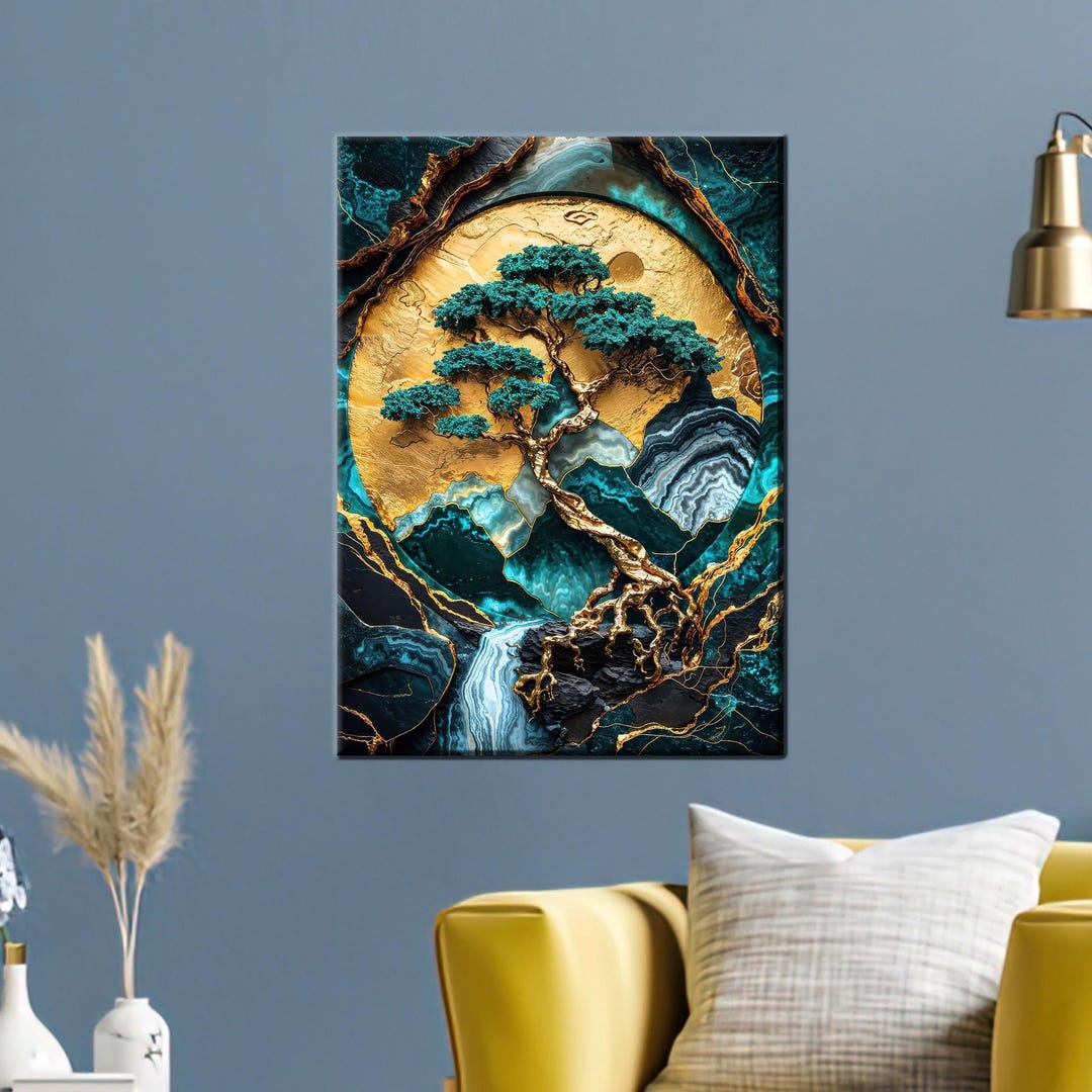 Golden Moon Bonsai Canvas Wall Art, Textured Tree and Waterfall Poster ...